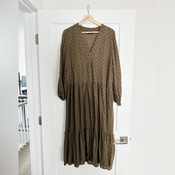 Zara | Dresses | Zara Khaki Polka Dot Dress Can Be A Maternity Wear ...